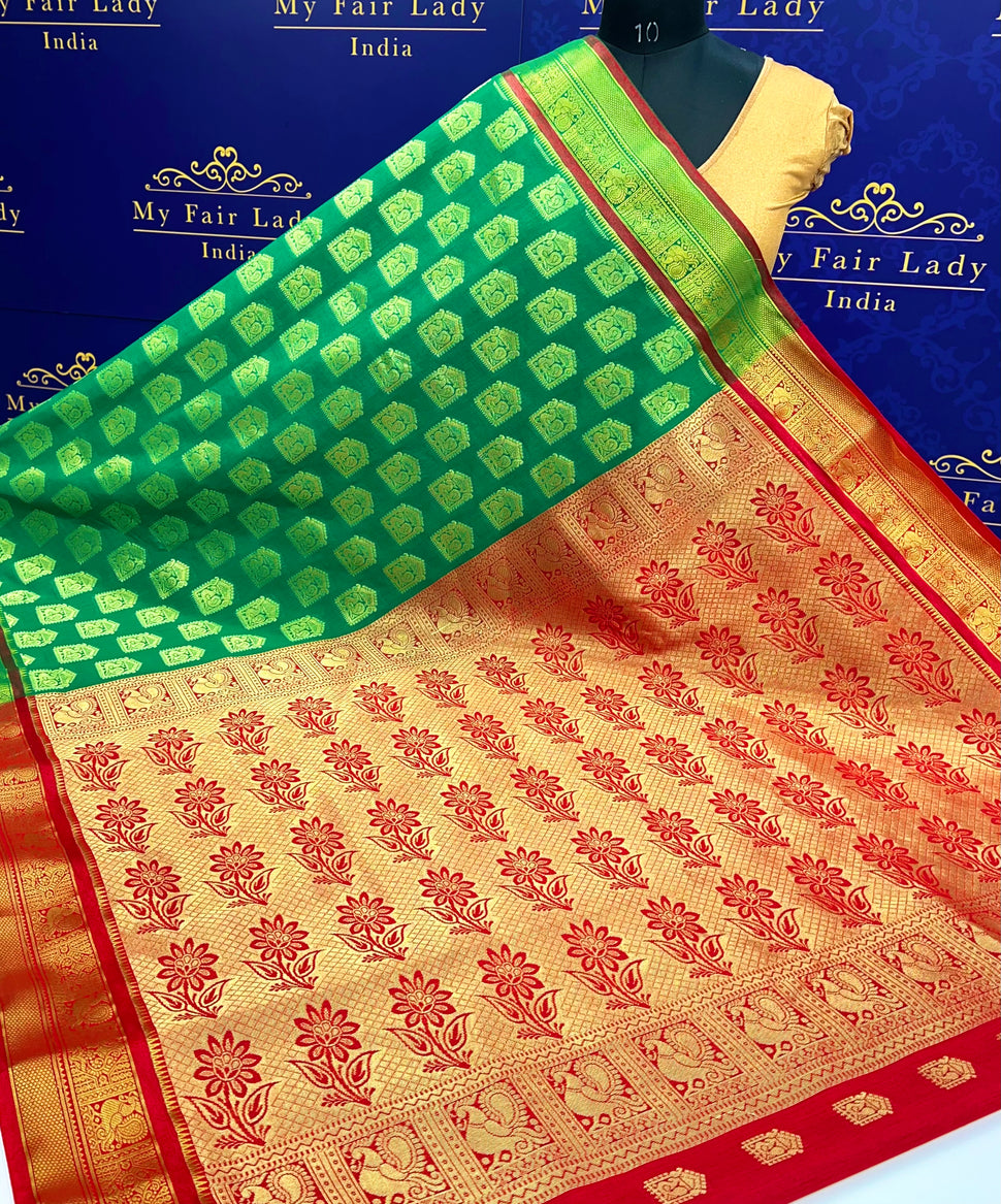 Butta Cotton-Silk Nauvari Saree Green Colour - [Code 597] – My Fair Lady