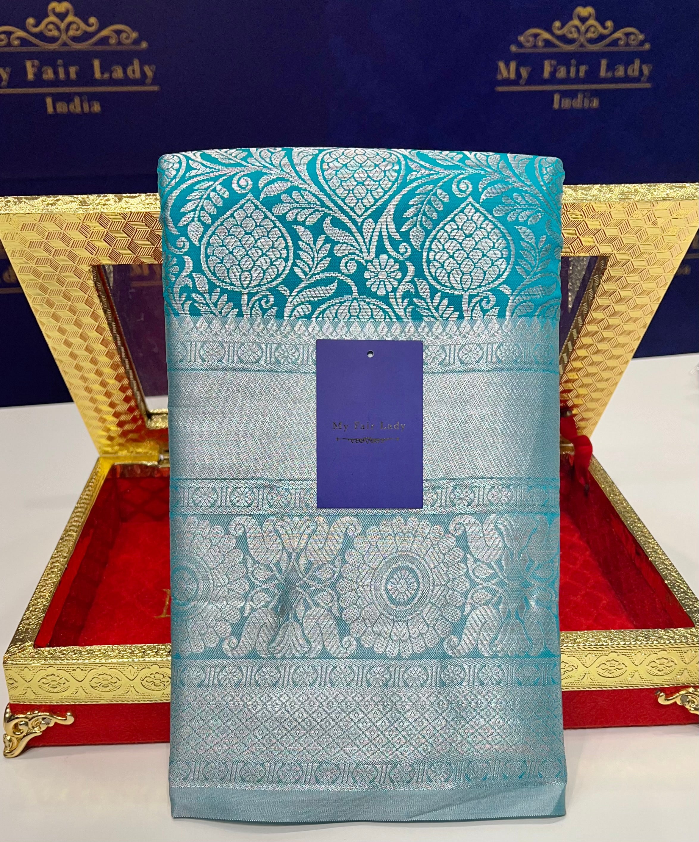 Brocade Semi-Silk Saree Sea Blue Colour - [Code 669] – My Fair Lady
